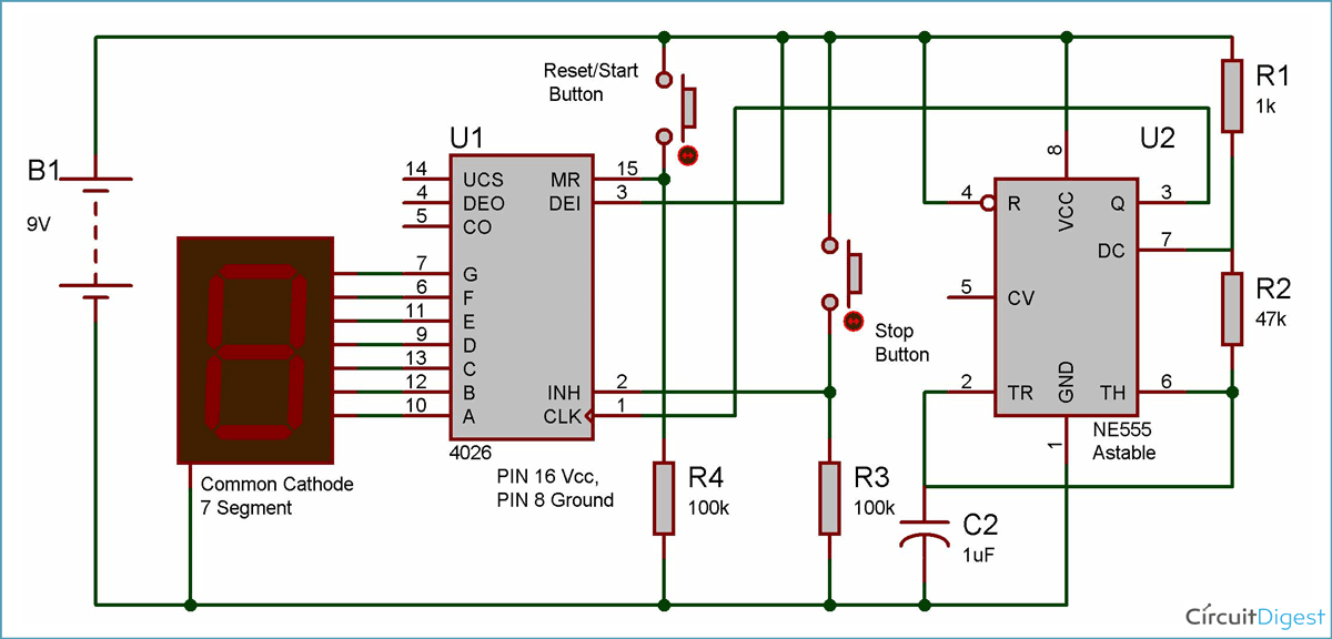 Reaction Timer Game Circuit Diagram Using IC 555 And IC 4026